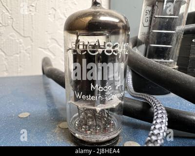 Close-up of a Westinghouse Electric brand vacuum tube on a tube ...
