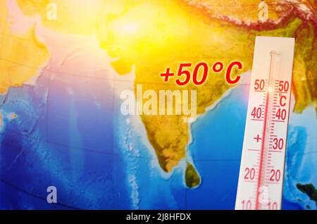 Thermometer with a record high temperature of fifty degrees Celsius ...