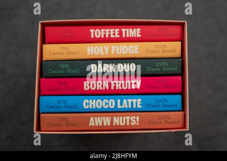 Close-up of box of vegan TCHO chocolate bars, Lafayette, California ...