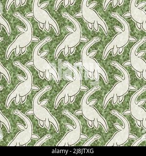 Green hand drawn plesiosaur dinosaur seamless pattern. Gender Neutral ...