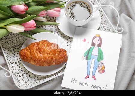 Picture with text MY BEST MOMMY, tulips, croissant and cup of coffee on ...