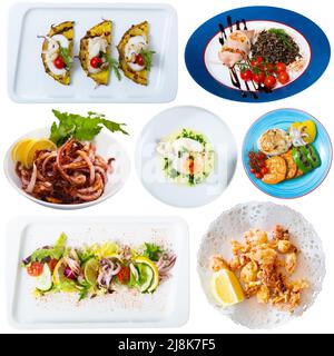 Assorted squid and cuttlefish dishes on a white background Stock Photo ...