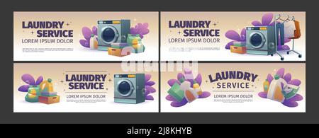 Laundry service advertising posters with automatic washing machine ...