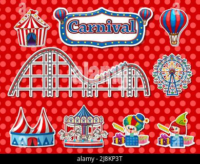 Sticker set of amusement park objects and cartoon characters ...