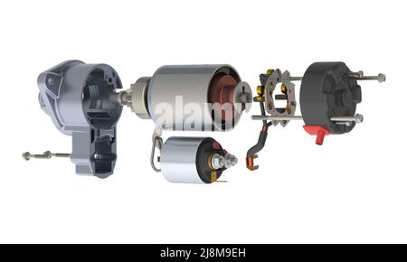 Car starter section view components, 3D rendering isolated on white ...