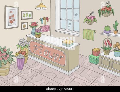 Flower shop store graphic color sketch exterior illustration vector ...