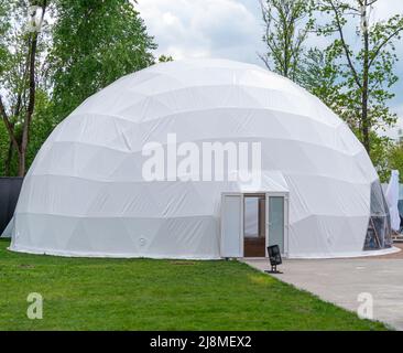 Outside spherical glamping dome. Hemispherical structure lattice shell ...