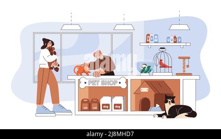 Cartoon pet store interior with counter desk and shelves. Empty animal ...