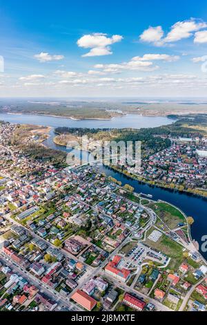 Augustow city by Netta river and Necko lake aerial landscape under blue ...