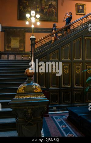 Steps to the South Carolina State House and modern buildings at sunset ...