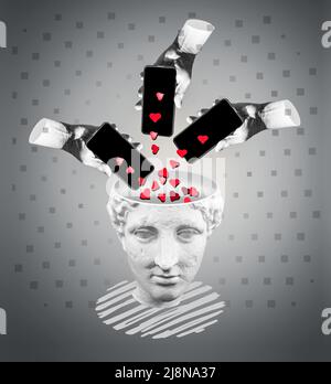 Modern gadget and classic statue. Hands aesthetic on bright background ...