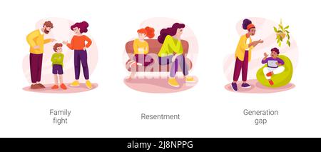 Family conflicts isolated cartoon vector illustration set. Kid and ...