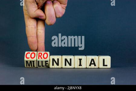 Millennial or coronnial symbol. Doctor turns wooden cubes and changes ...