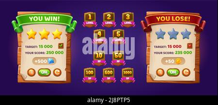 Game UI. Level complete menu with golden stars and buttons. Health bar, arrows and play button ...