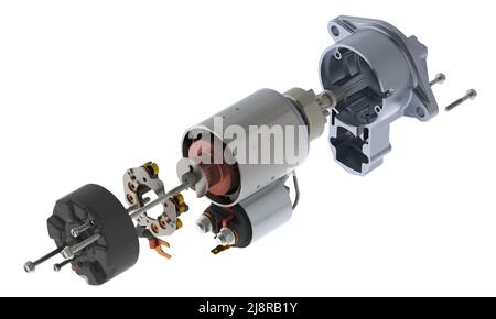 Car starter and alternator in exploded view 3D illustration isolated on ...