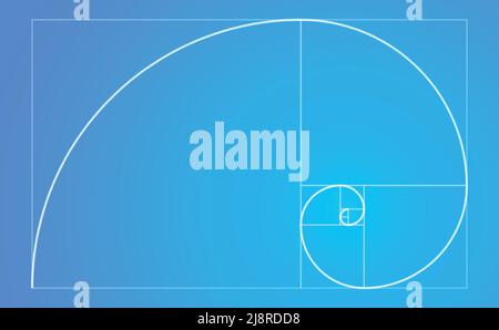 Golden ratio template. Gold logarithmic spiral in rectangle frame divided on lines. Fibonacci ...