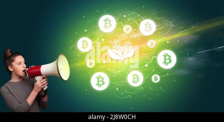 Young person with megaphone and currency icon Stock Photo - Alamy