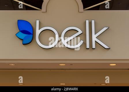 Interior mall "Belk" department store facade brand and logo signage ...