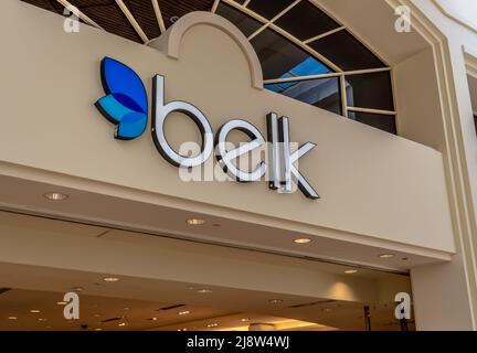 Interior mall "Belk" department store facade brand and logo signage ...