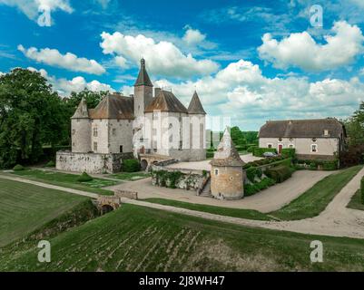 Aerial view of Chateau de Beauvoir restored medieval French castle with ...