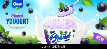 Realistic yogurt ads poster with currant yogurt nature and high quality ...