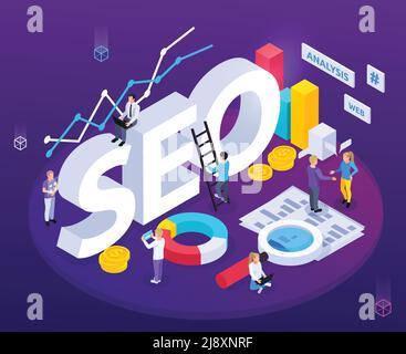 SEO isometric composition with project and idea symbols isolated vector ...