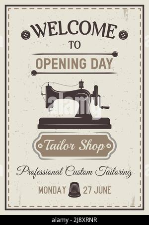 Sewing machine tailor shop poster, vector vintage card for design ...
