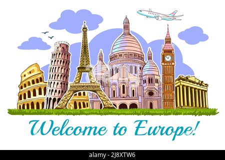 Colored europe buildings travel poster with building of the main ...