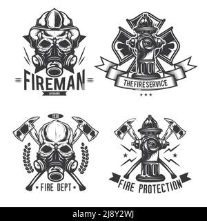 Vintage fire protection logos set of firefighting tools equipment and ...