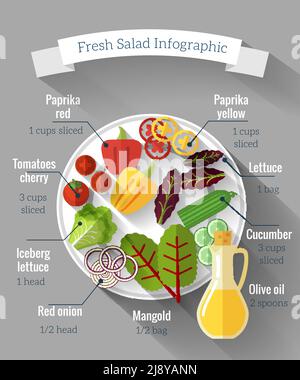 Salad cooking infographics. Vitamin and cucumber, pepper and lettuce ...