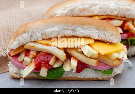 South African submarine sandwich with chips and meat known as a Gatsby ...