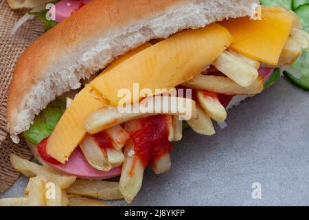 South African submarine sandwich with chips and meat known as a Gatsby ...
