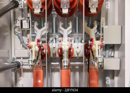 Switchboard circuit breakers close up. Control panel of machine engine ...