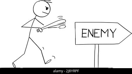 Aggressive Person with Baton or Bat Going to Fight, Vector Cartoon ...