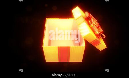 glowing opened goldish and red surprise gift box on dark background ...