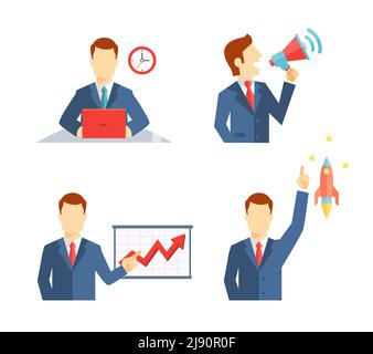 Set of businessman icons depicting a man working at his desk to a ...