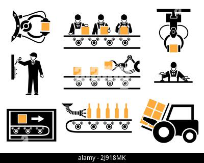 Product packing line icons. Box warehousing outline vector symbols ...