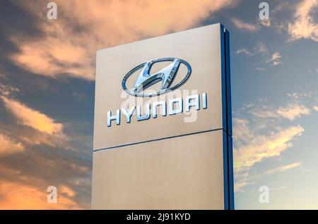 Samara, Russia - May 8, 2022: Hyundai logo on the facade dealership ...