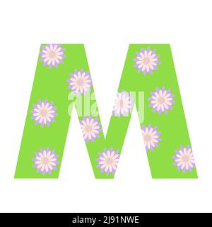 Capital bright green decorated with spring flowers hand drawn letter I ...