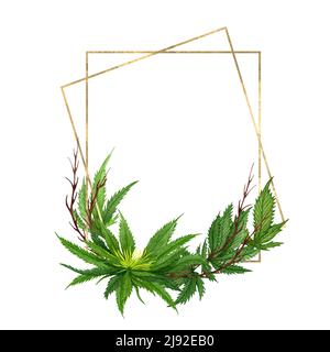 Watercolor cannabis frame. Hand drawn wild hemp plant border for ...