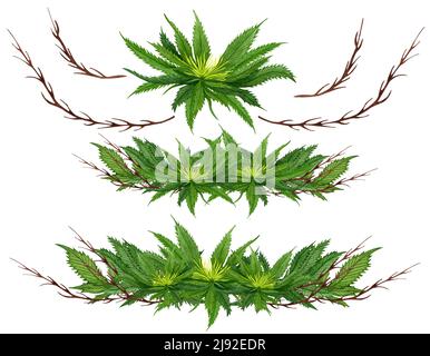 Watercolor cannabis compositions set. Hand drawn wild hemp plant wreath ...