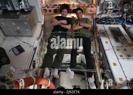 Expedition 67 Flight Engineers (from left) Jessica Watkins of NASA and Samantha Cristoforetti of ...