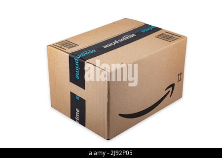 WETZLAR, GERMANY 2022-04-25: Amazon Prime parcel over white background ...