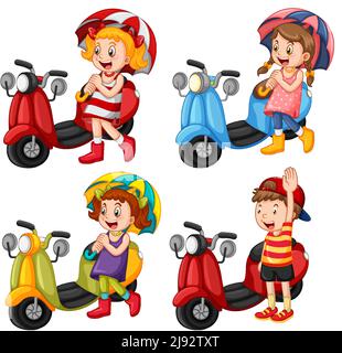 Red motorcycle with kids cartoon illustration Stock Vector Image & Art ...