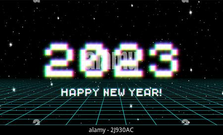 2023 New Year sign with glitched glowing pixels and red retro grid ...