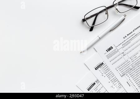 Tax form under US law with culculator on office table desktop Stock ...