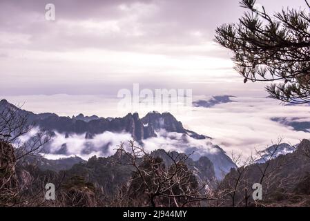 Wonderful and curious sea of clouds at beautiful Huangshan mountain landscape in China Stock ...