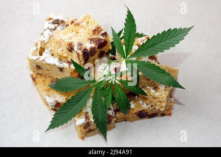 Homemade pie and powdered sugar with CBD oil. Cannabis kitchen ...