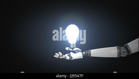 Robotic hand presenting illuminated bulb against white background Stock ...