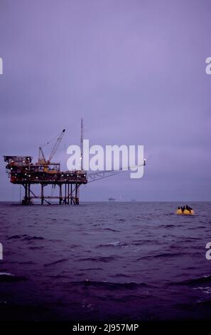 Australia. Industry. Bass Strait. Offshore oil platform at sunrise ...